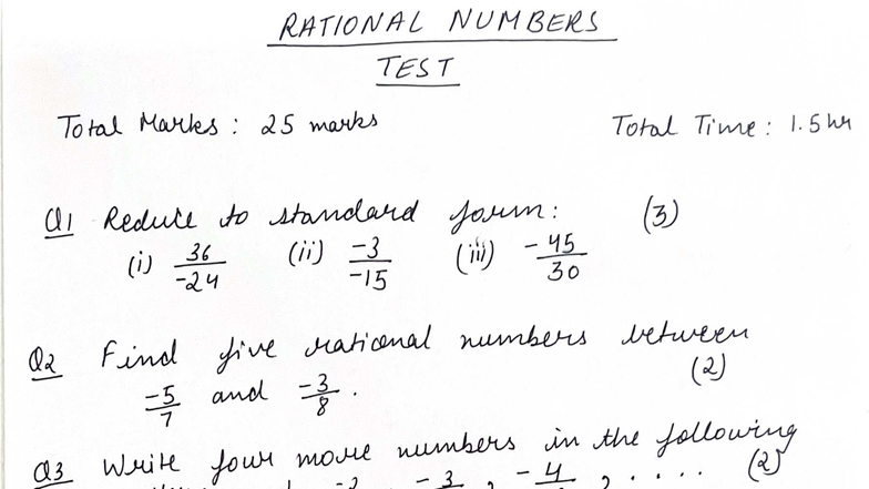 Maths Test for Class 7: Rational Numbers Assessment - Studocu
