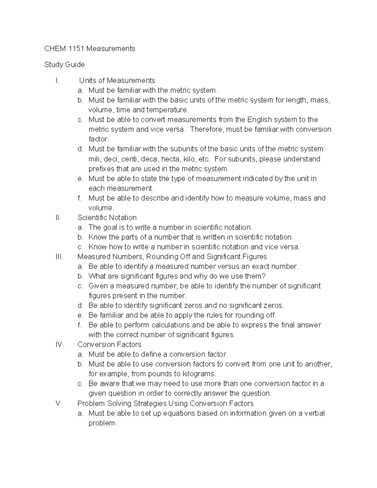 CHEM 1151 Study Guide: Measurements and Conversions - CHEM 1151 ...