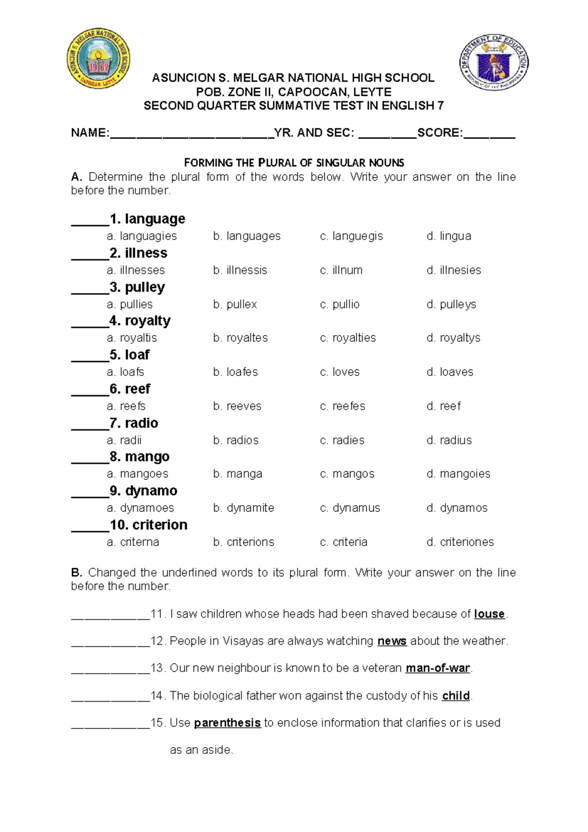 Second Quarter Summative Test in English 7 - 2022-2023 - Studocu