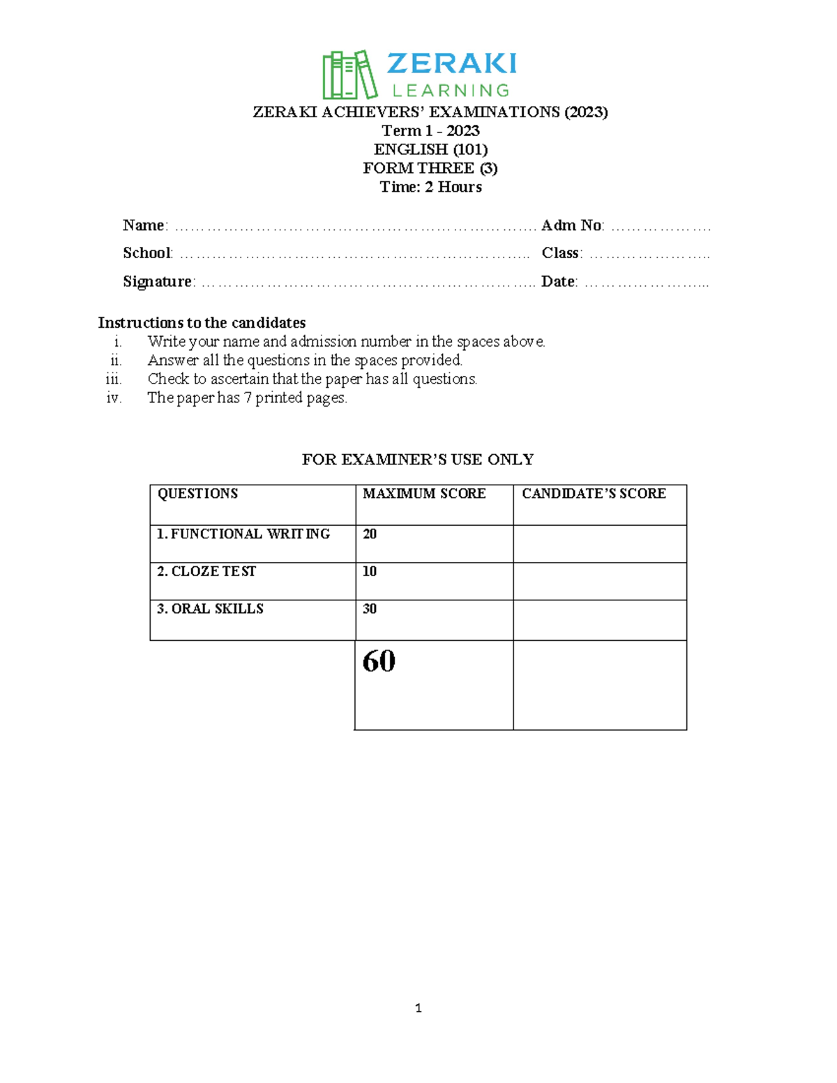 Zeraki Achiever 1 - English Exam Notes (2023) for Form 3 (101) - Studocu