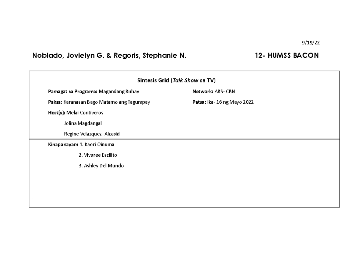 Sintesis Grid: Karanasan sa Tagumpay - Talk Show ng HUMSS BACON - Studocu