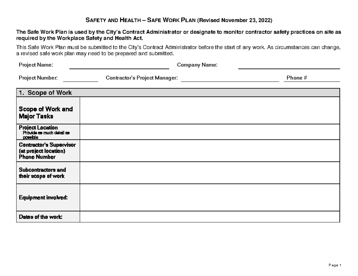 Contractor Safe Work Plan 250412 110159 - The Safe Work Plan is used by ...