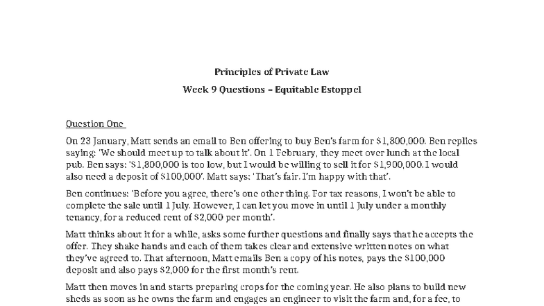 Week 9 Questions – Equitable Estoppel - Principles of Private Law Week ...