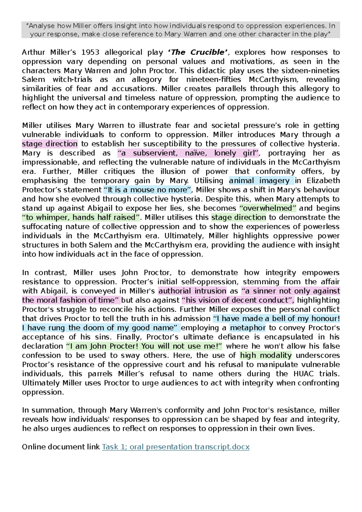 Task 1; oral presentation transcript - “Analyse how Miller offers ...