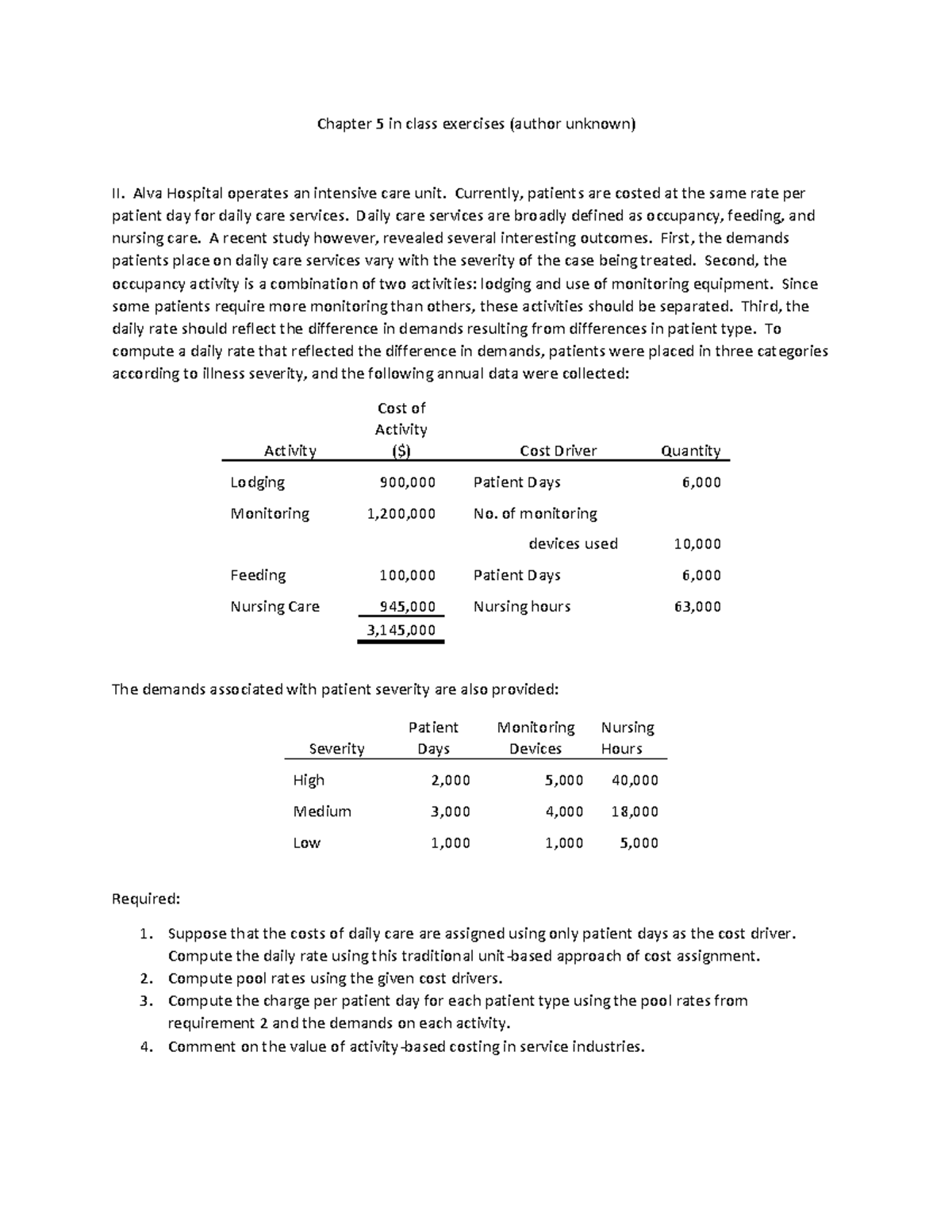 CH 5 - In-Class Exercises on Costing in ICU Services - Studocu