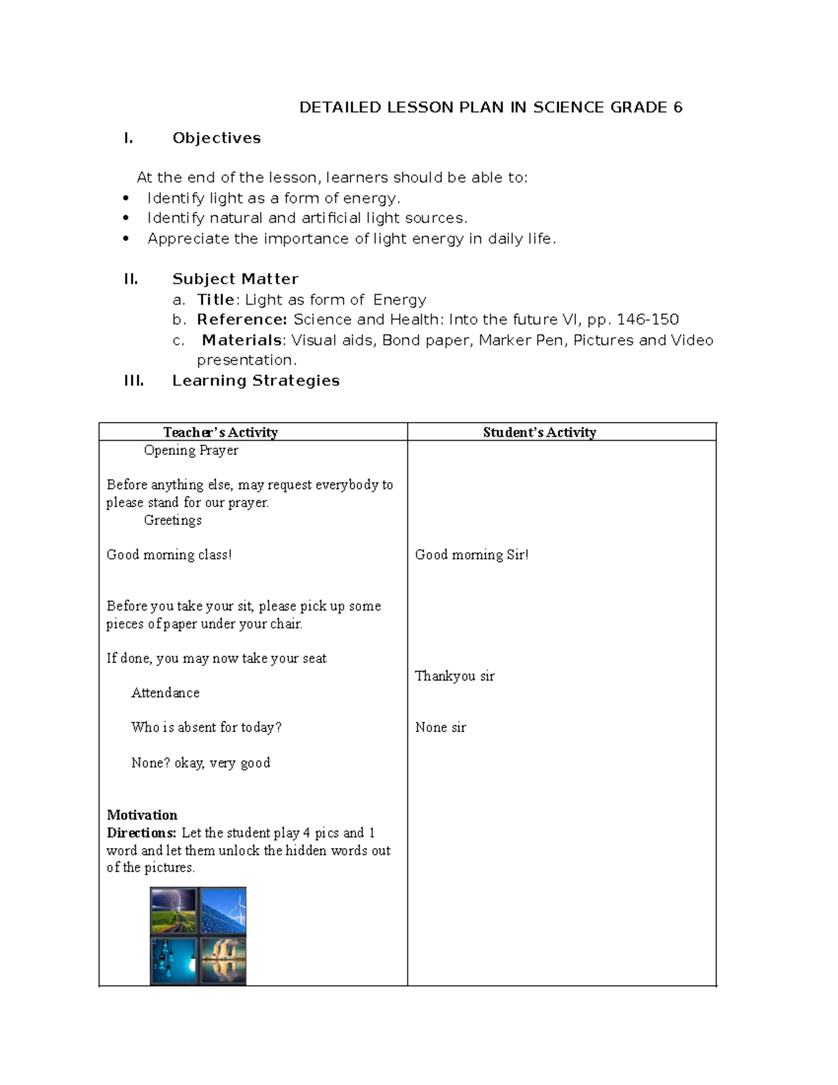 DAY 1 LESSON PLAN: LIGHT ENERGY IN GRADE 6 SCIENCE - Studocu