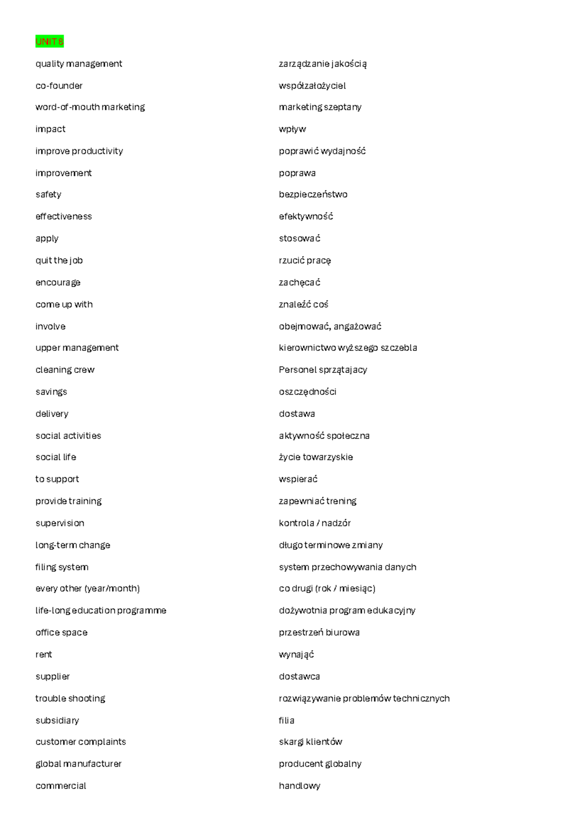 Unit 8 Vocabulary List - Quality Management Terminology - Studocu
