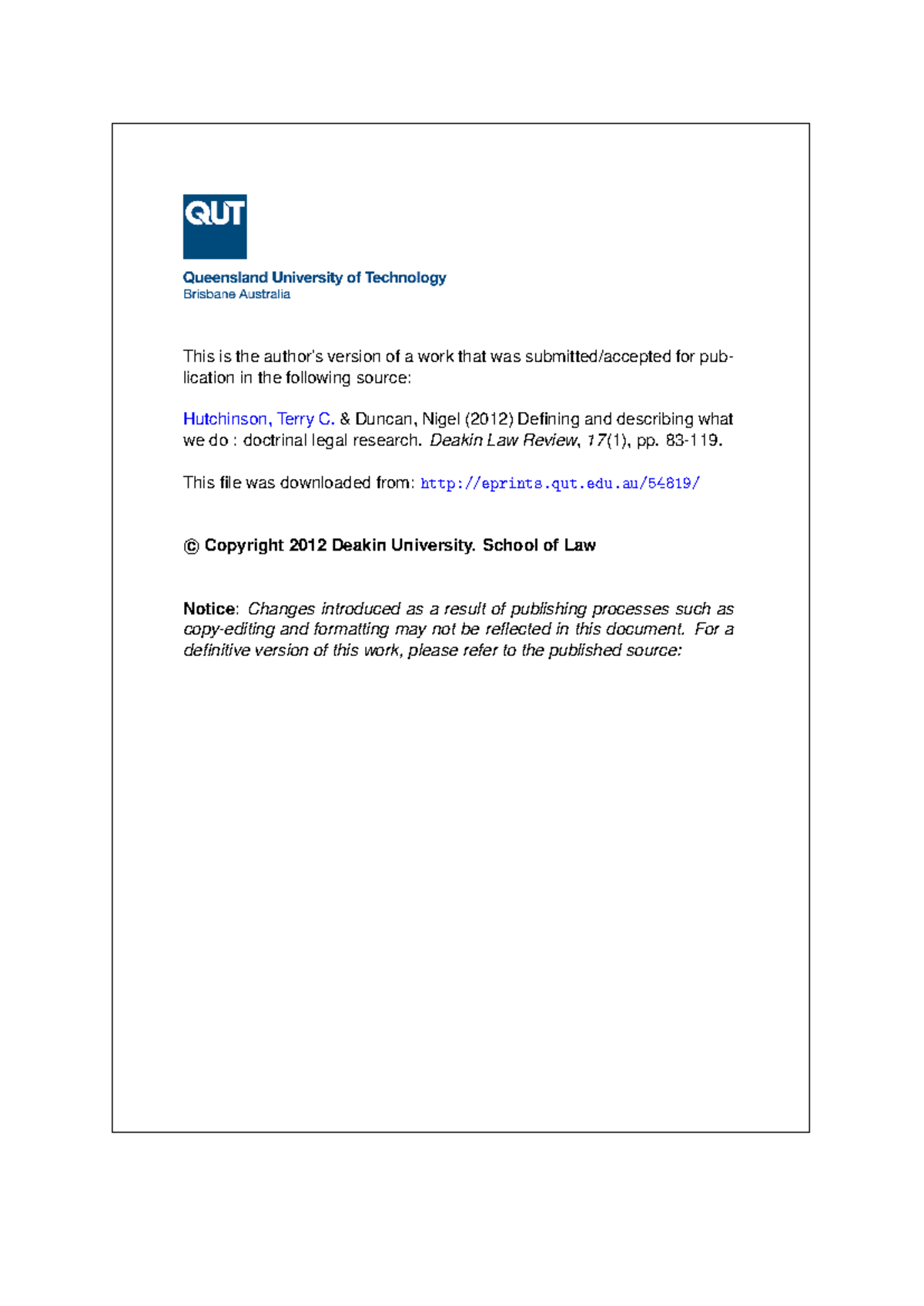 CPEA032 Doctrinal Legal Research by Hutchinson & Duncan - Article ...