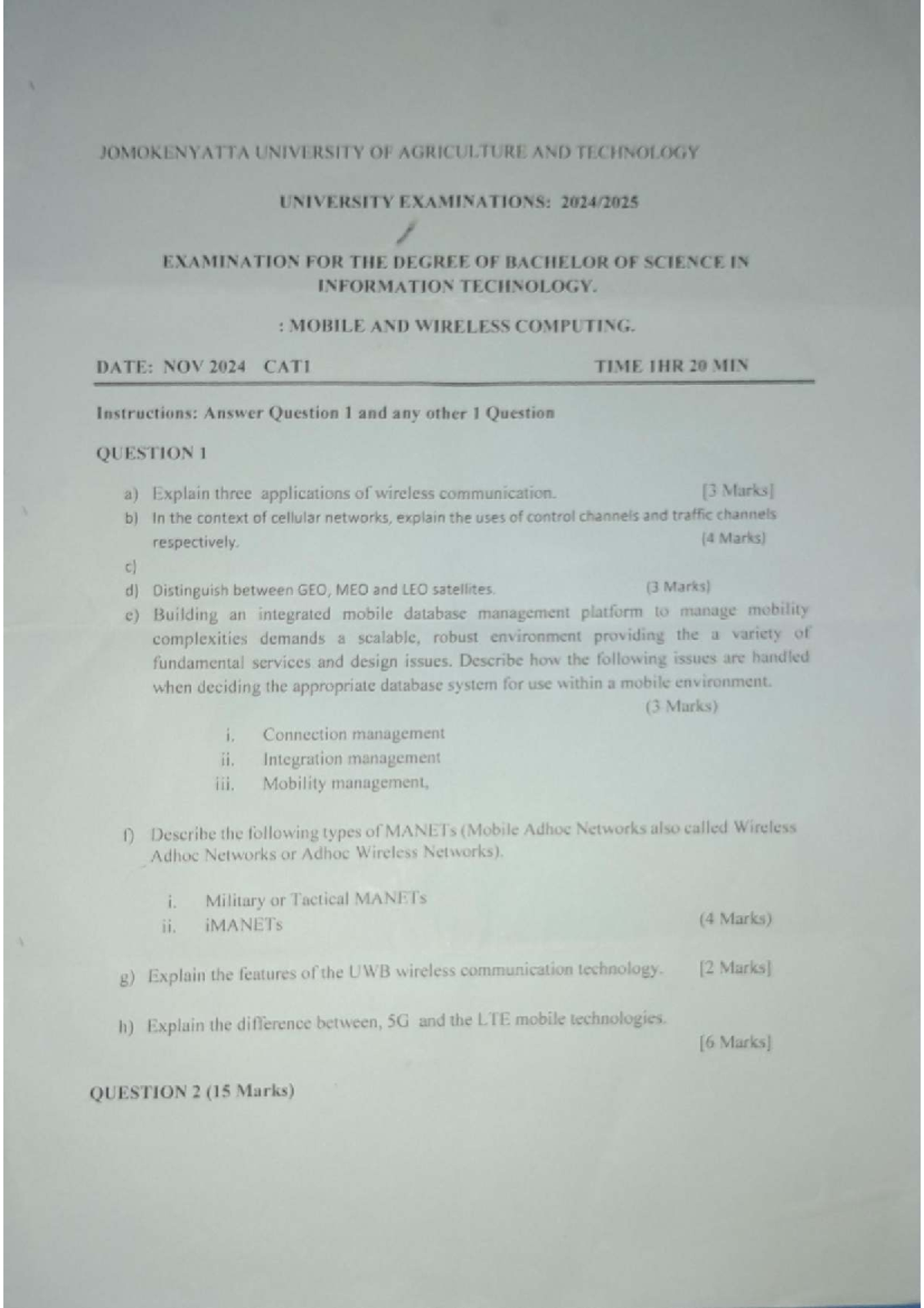 Mobile and Wireless Computing CAT1 Exam - JKUAT Nov 2024 - Studocu
