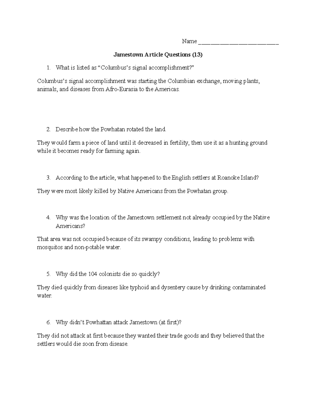 Jamestown Article Questions (HIST 101) - Key Insights and Analysis ...