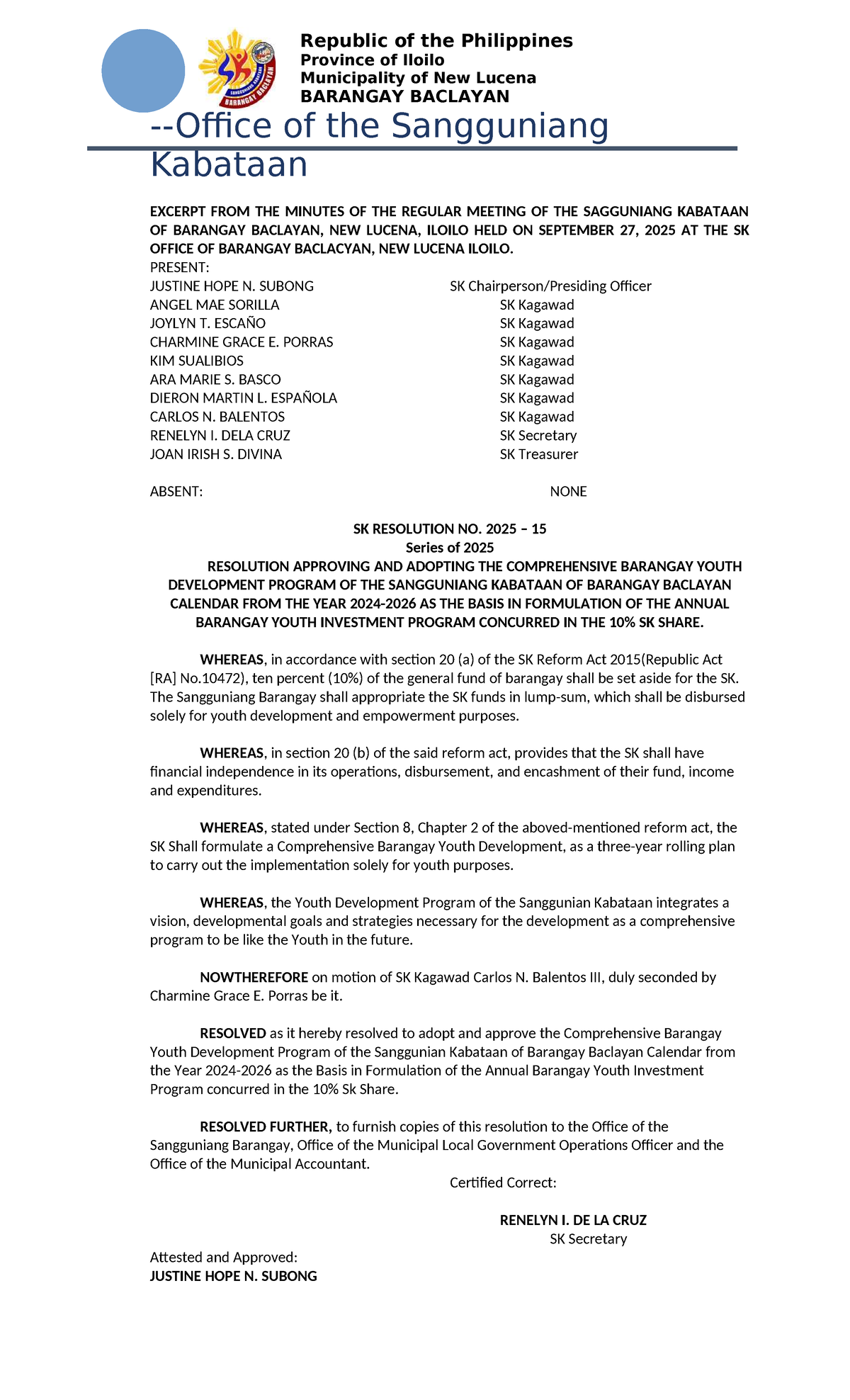 SK Budget Resolution 2026 for Barangay Baclayan, New Lucena - Studocu