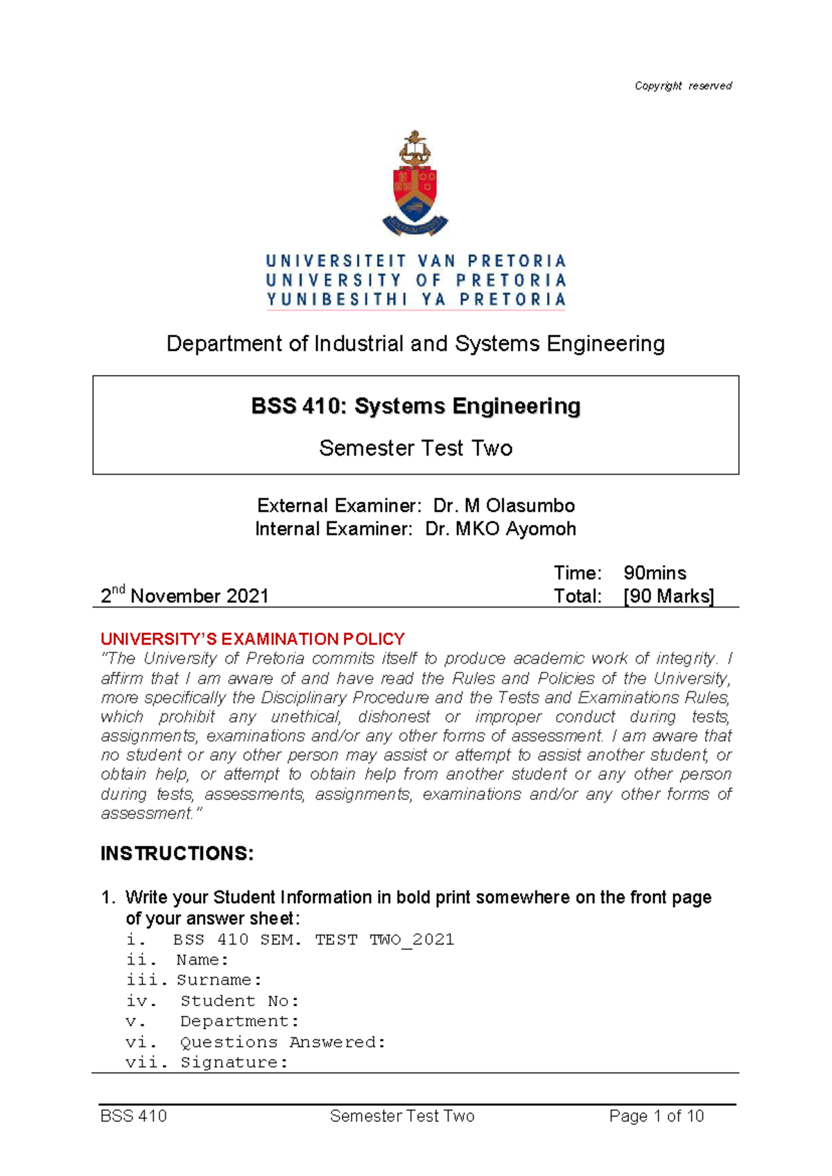 BSS 410: Systems Engineering Semester Test Two - 2021 Exam Notes - Studocu