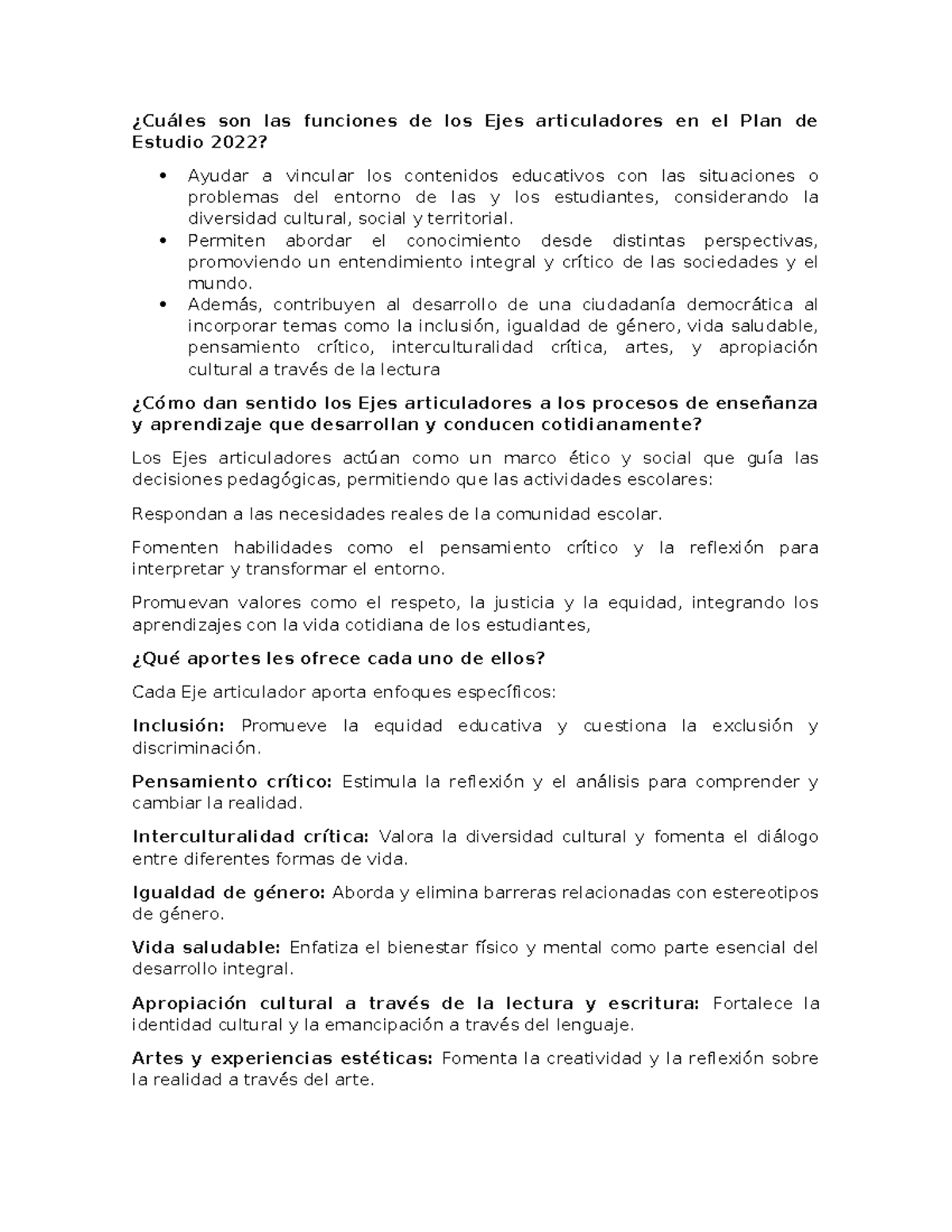 Funciones de los Ejes Articuladores en el Plan de Estudio 2022 - Studocu