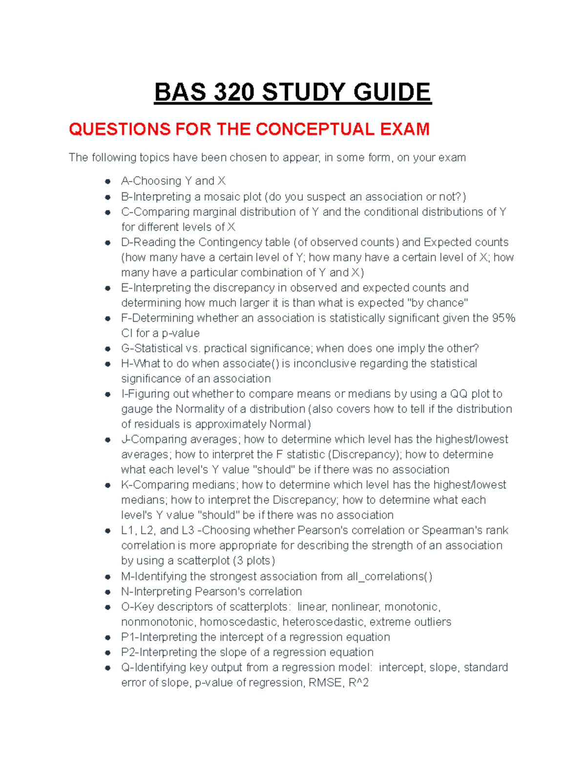 BAS 320 MIDTERM STUDY GUIDE: REGRESSION & STATISTICS CONCEPTS - Studocu