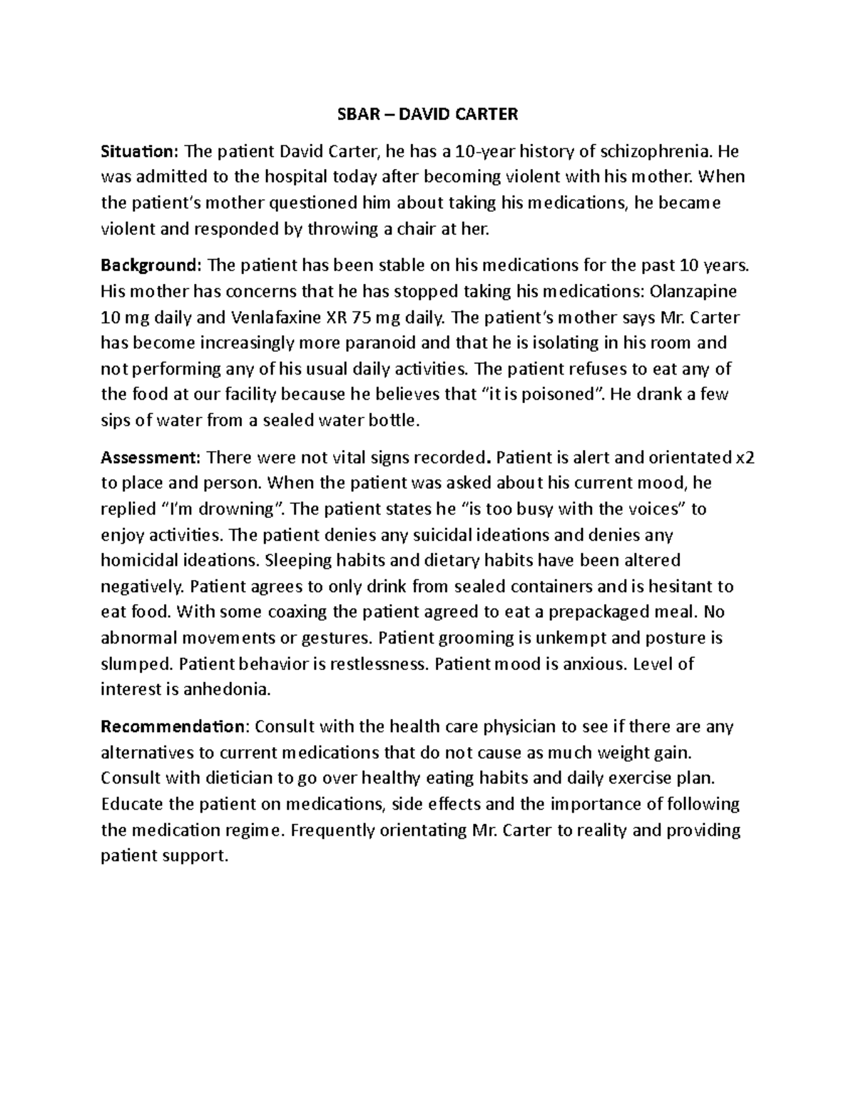SBAR Report: David Carter - VSIM Patient Case Analysis - Studocu