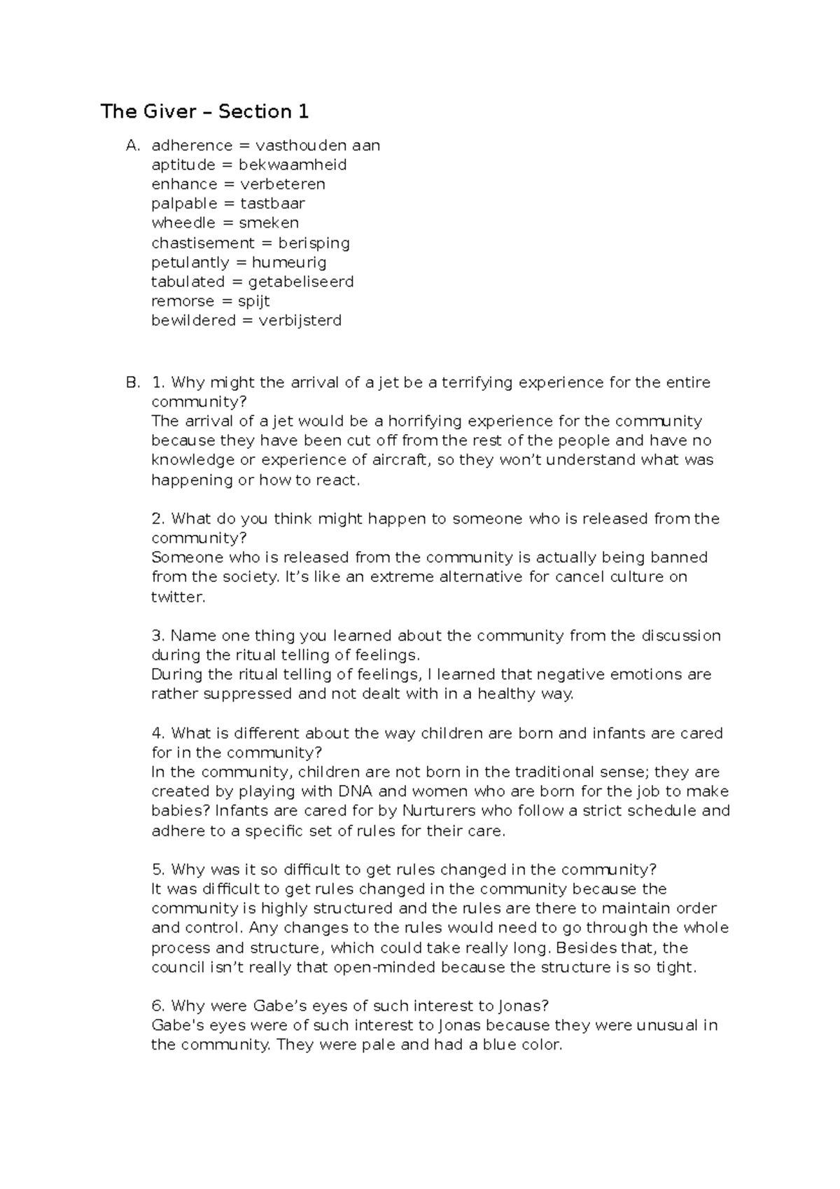 The Giver Section 1 Study Notes - ENG 101 - Studeersnel