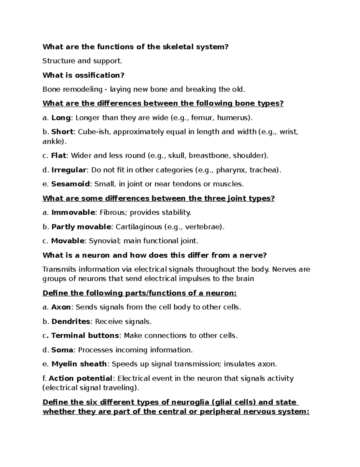 Anatomy Study Guide: Functions of the Skeletal, Nervous, and Other ...