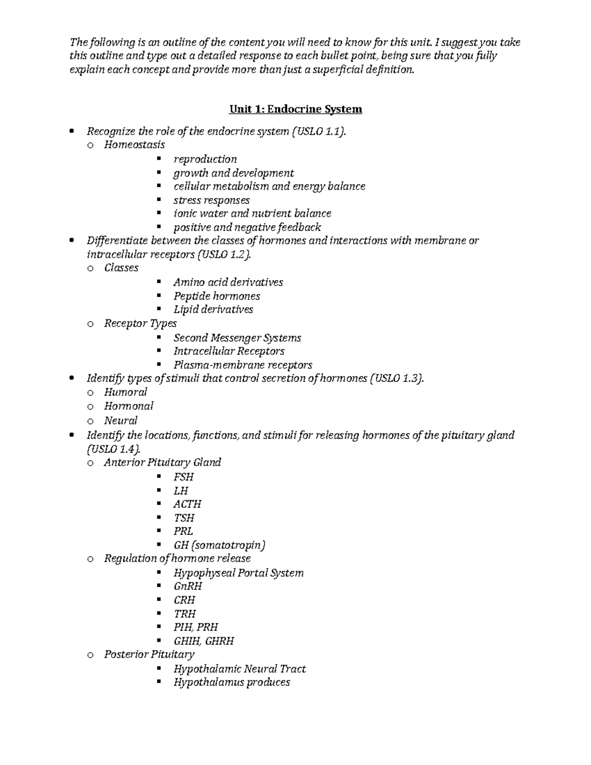 Unit 1: Endocrine System Detailed Outline and Key Concepts - Studocu