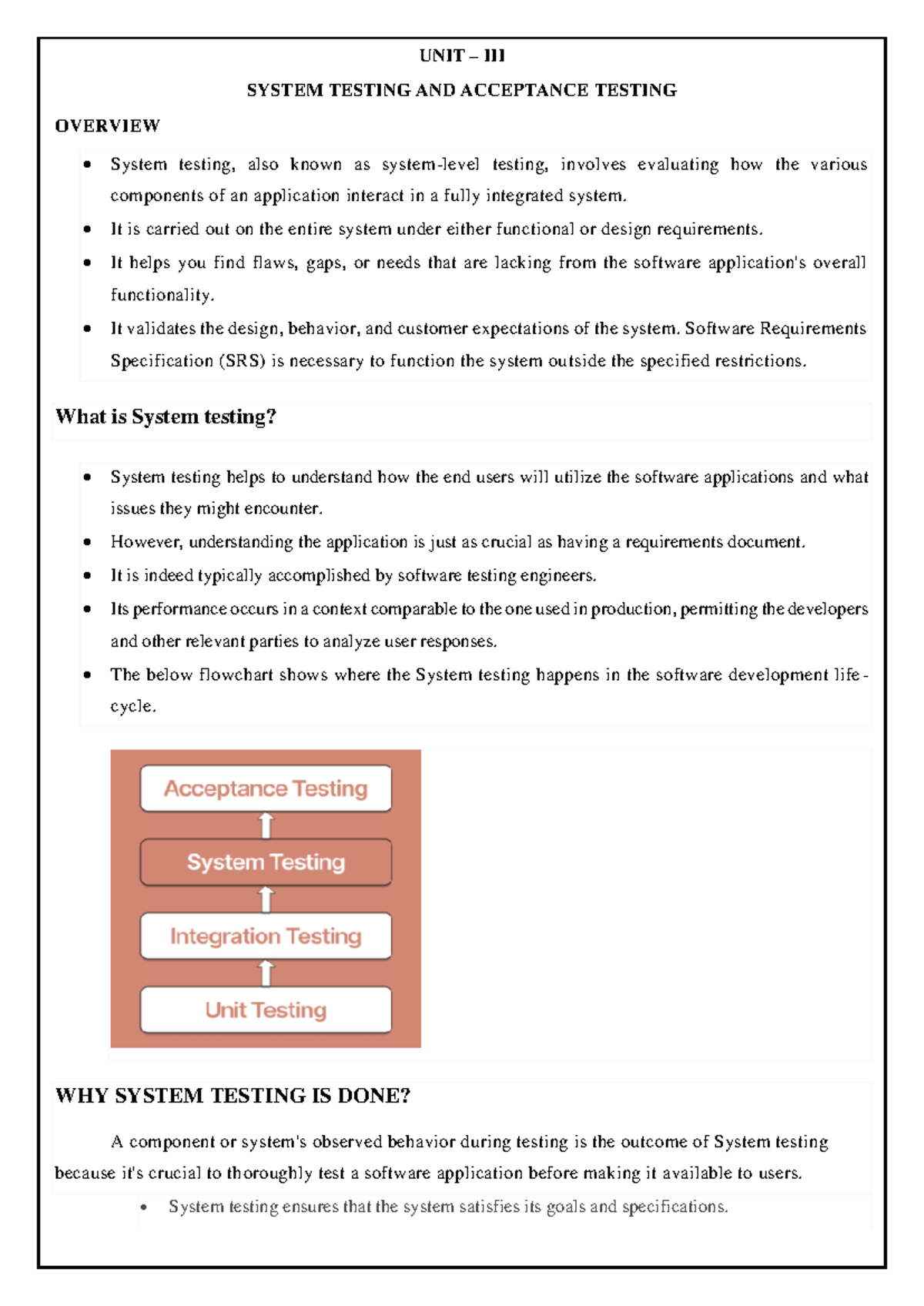 UNIT 3: System & Acceptance Testing Overview for Elective III - Studocu