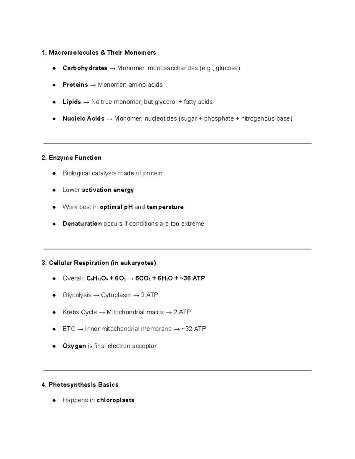 Bio100 - Class Notes on Macromolecules, Enzymes, and Cellular Processes ...
