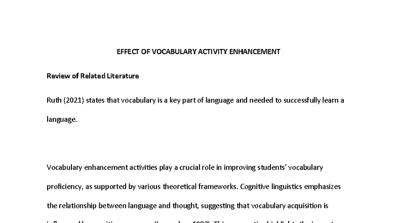 EFFECT OF VOCABULARY ENHANCEMENT ACTIVITIES - Study Guide - Studocu
