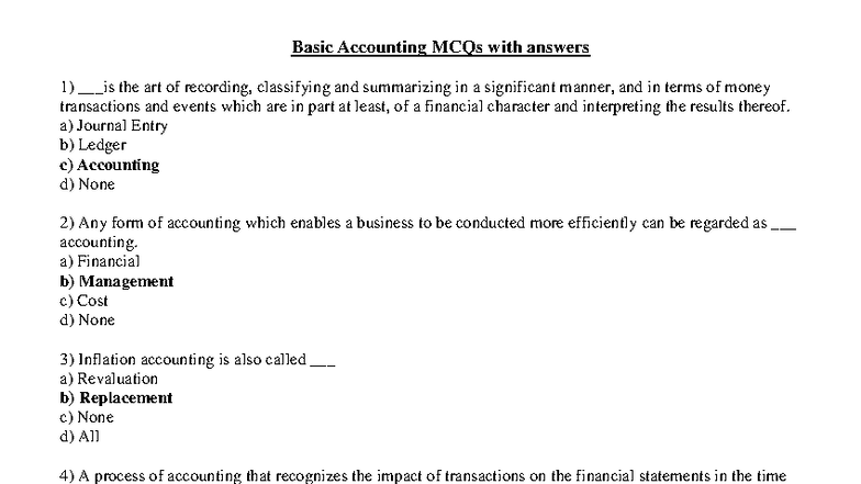 554801053 Basic Accounting MCQs & Answers for Exam Preparation - Studocu