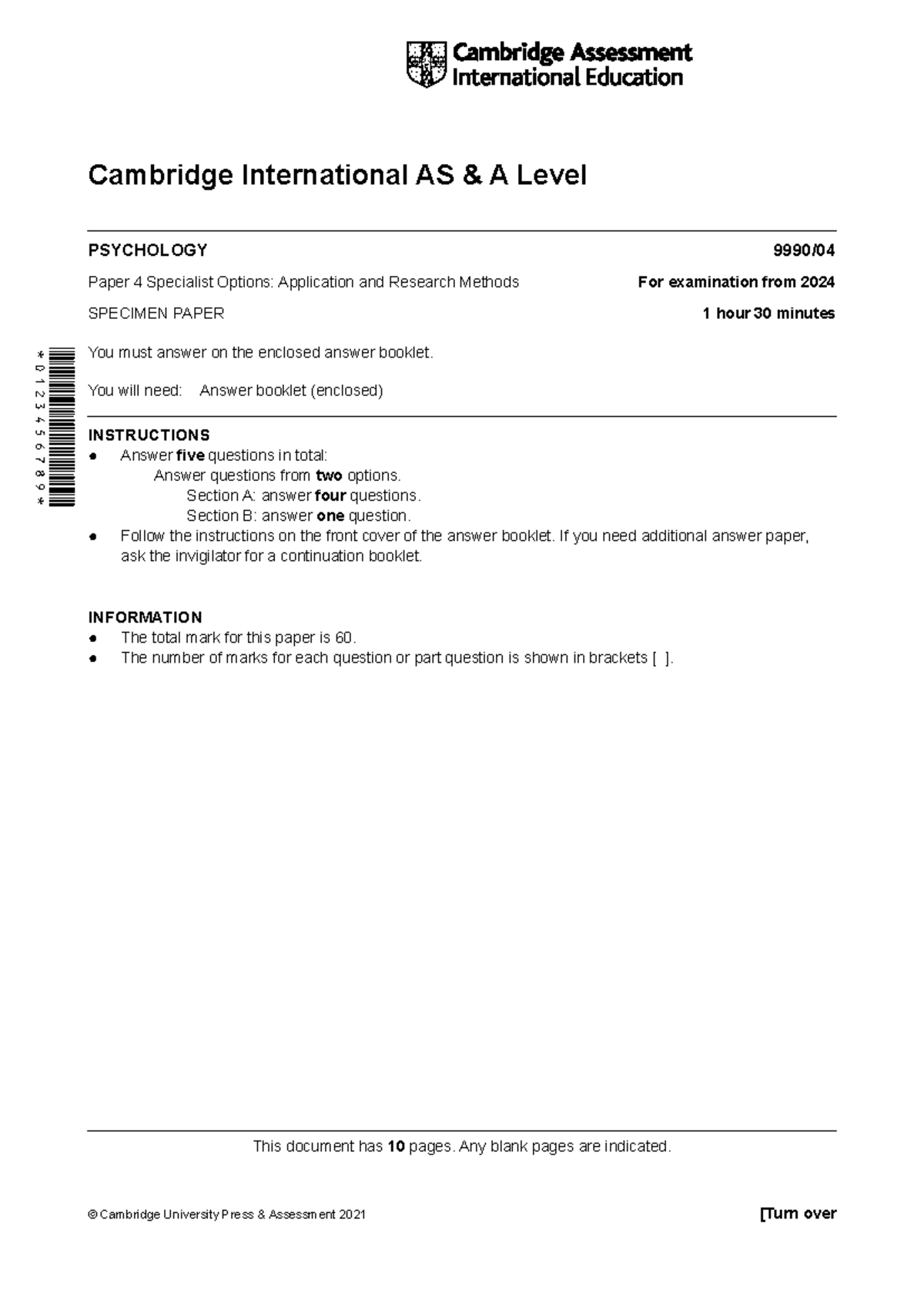 Psychology 9990/04 - Specimen Paper 4: Research Methods & Applications ...