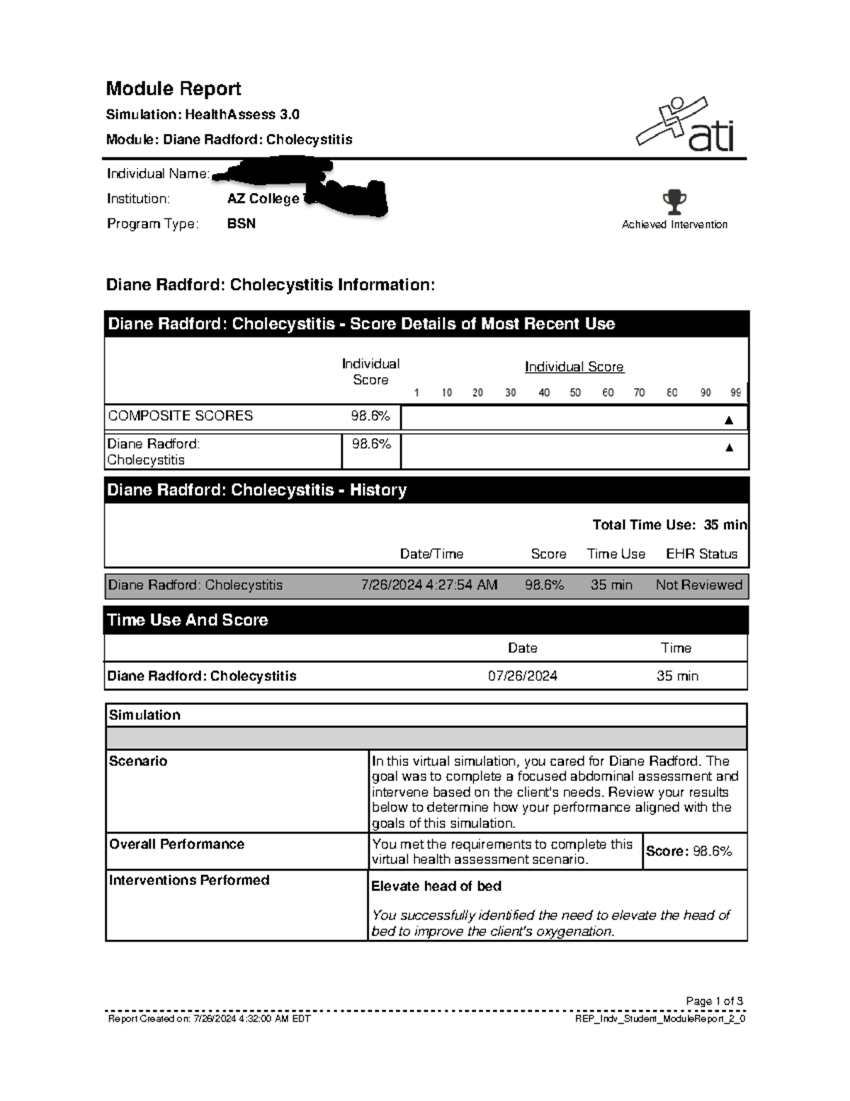ATI: Module Report on Cholecystitis Simulation for Diane Radford - Studocu