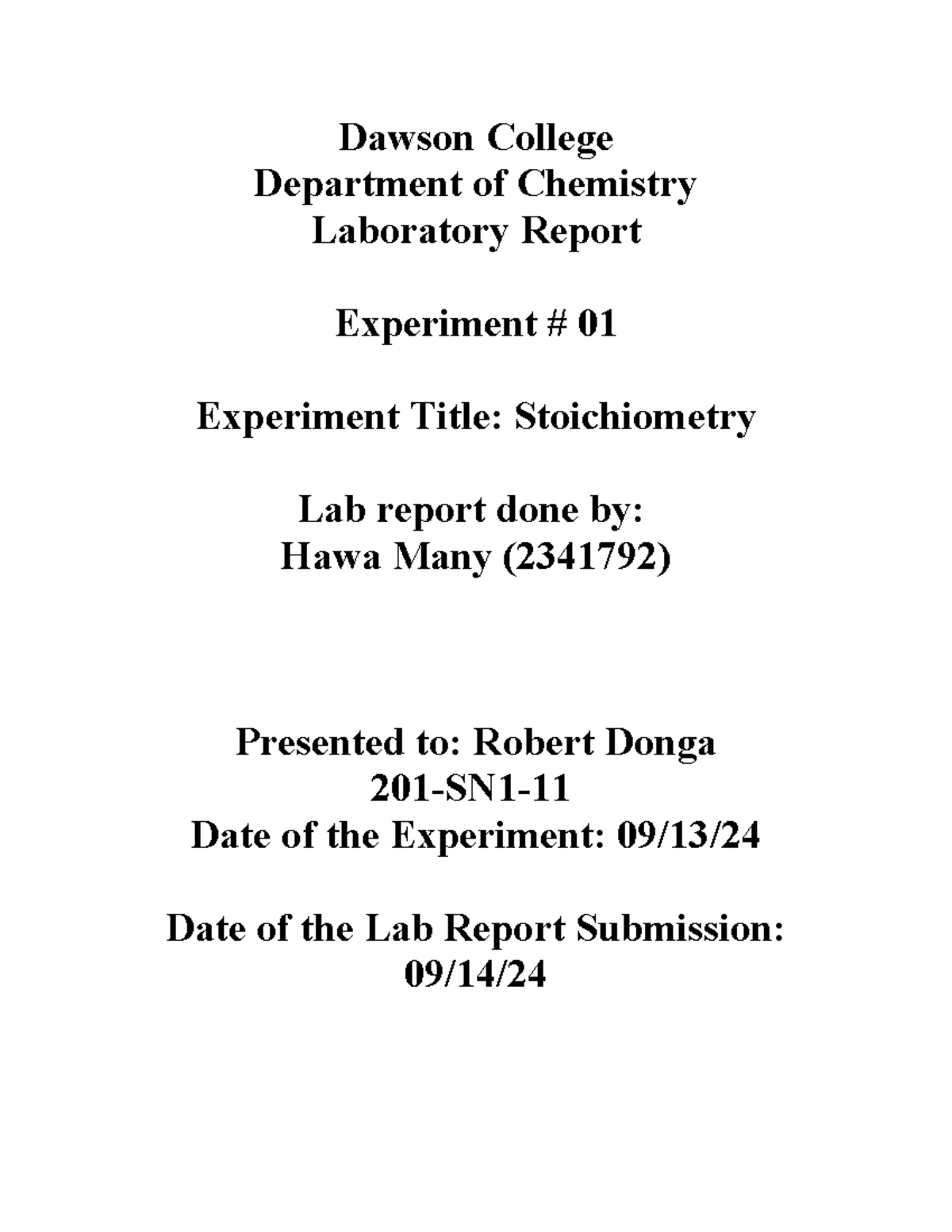 Dawson College Chemistry Lab Report: Stoichiometry Experiment 01 - Studocu