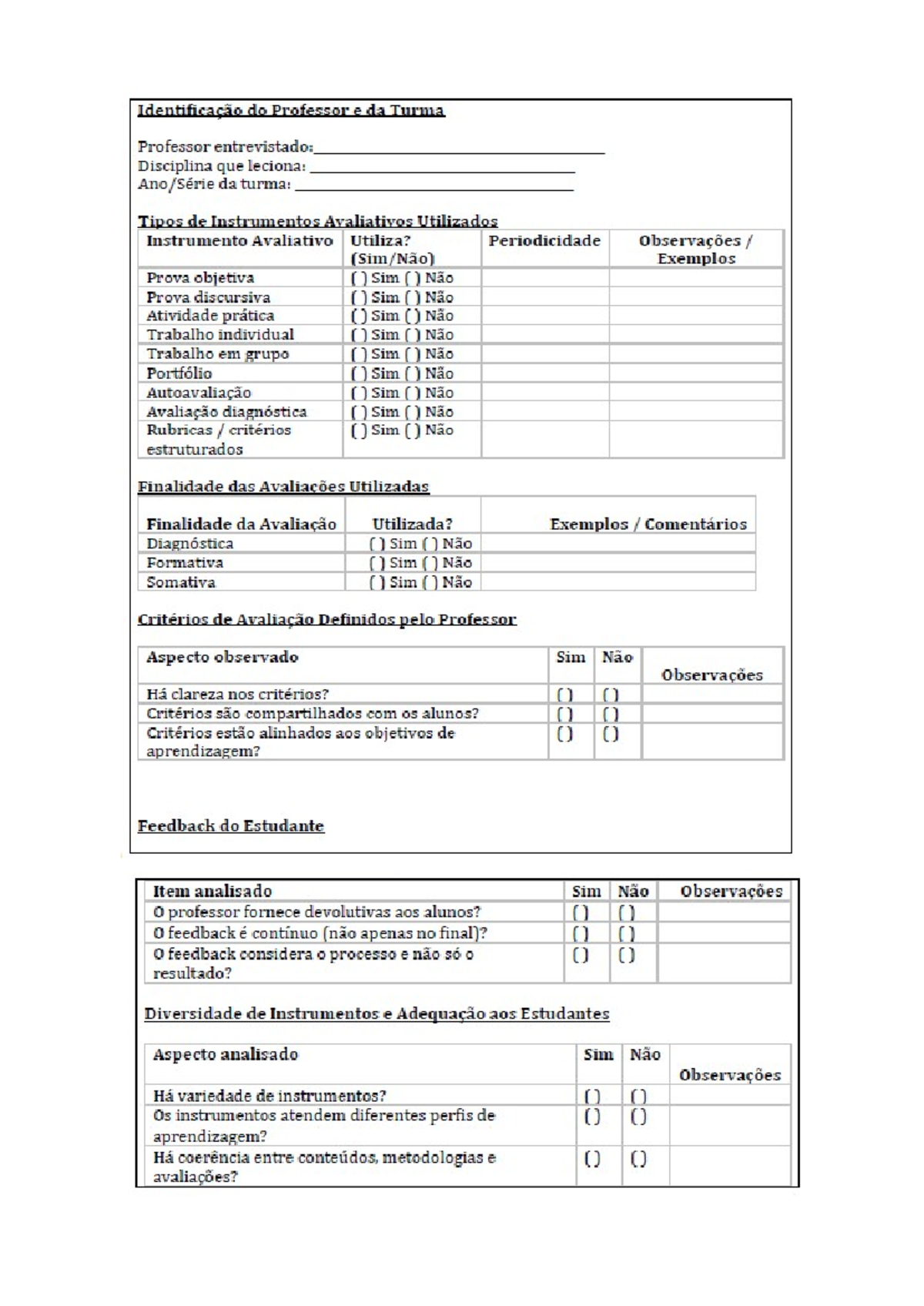 Ficha de Identificação do Professor: Avaliação e Instrumentos ...