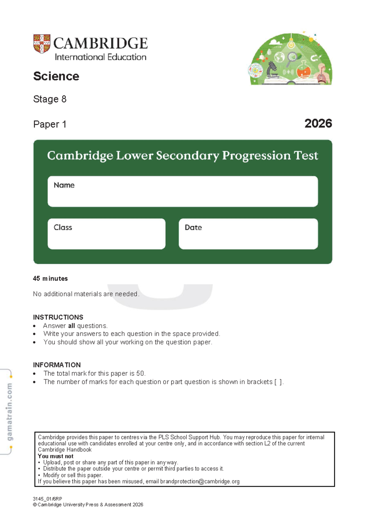 Science Stage 8 Paper 1 Exam 2026: 45-Minute Assessment - Studocu