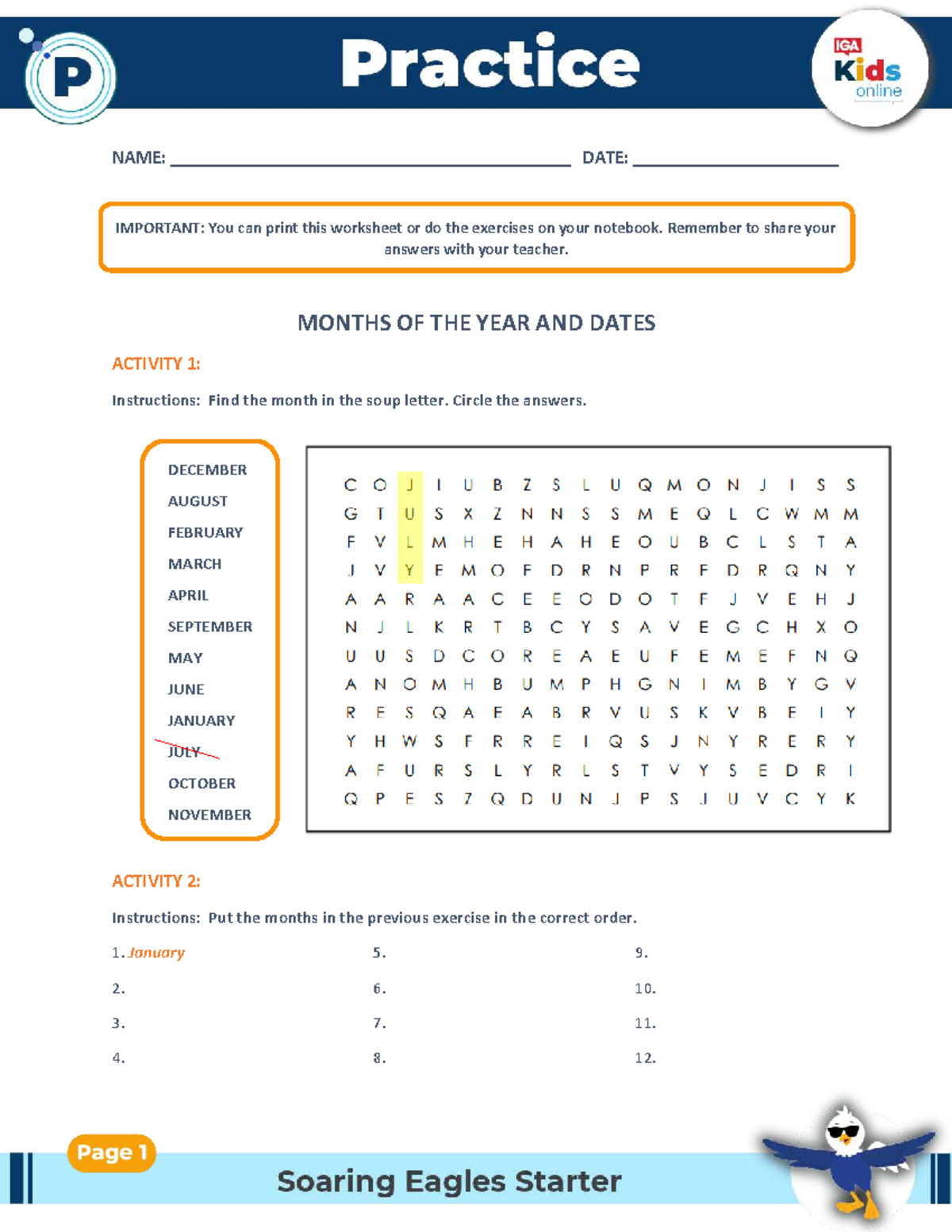 Soaring Eagles Starter Day 12 Worksheet Months OF THE YEAR AND Dates ...