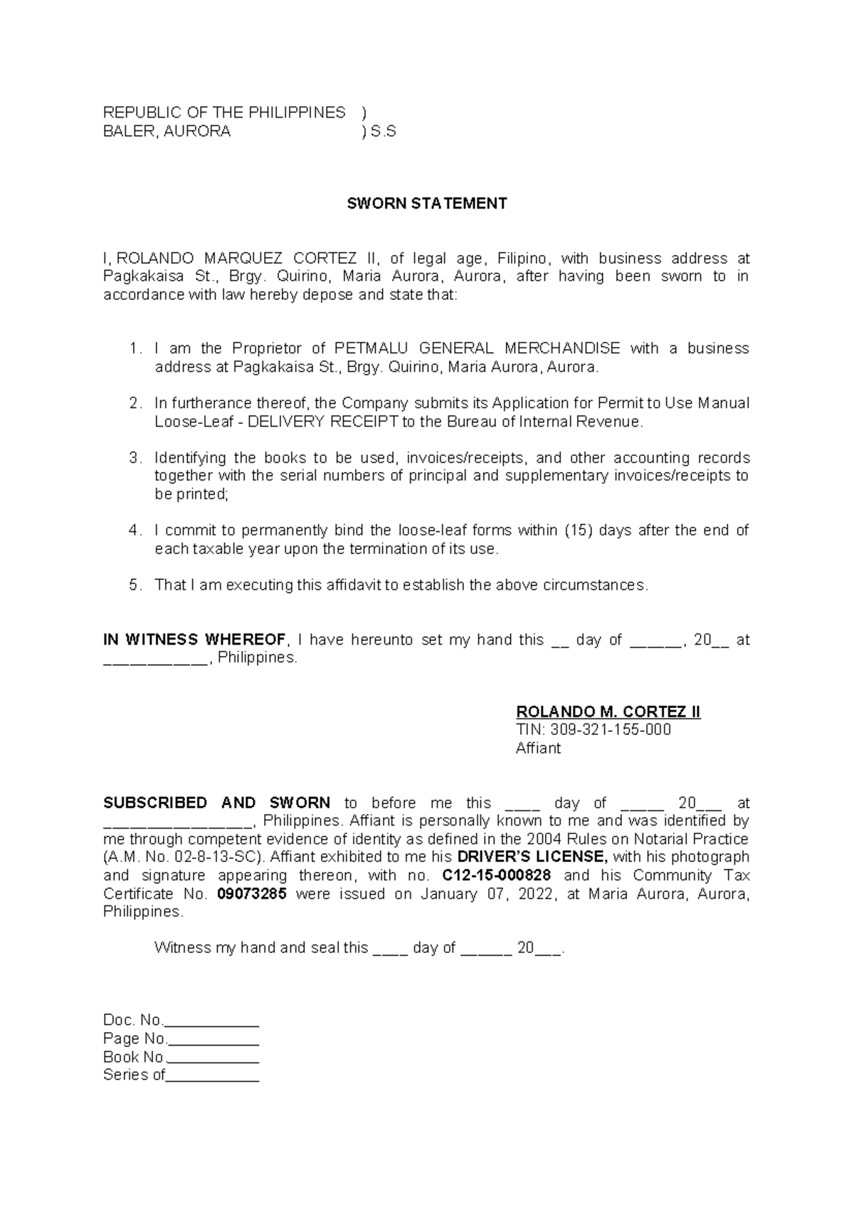 Sworn Statement for BIR Looseleaf Application Submission - Studocu