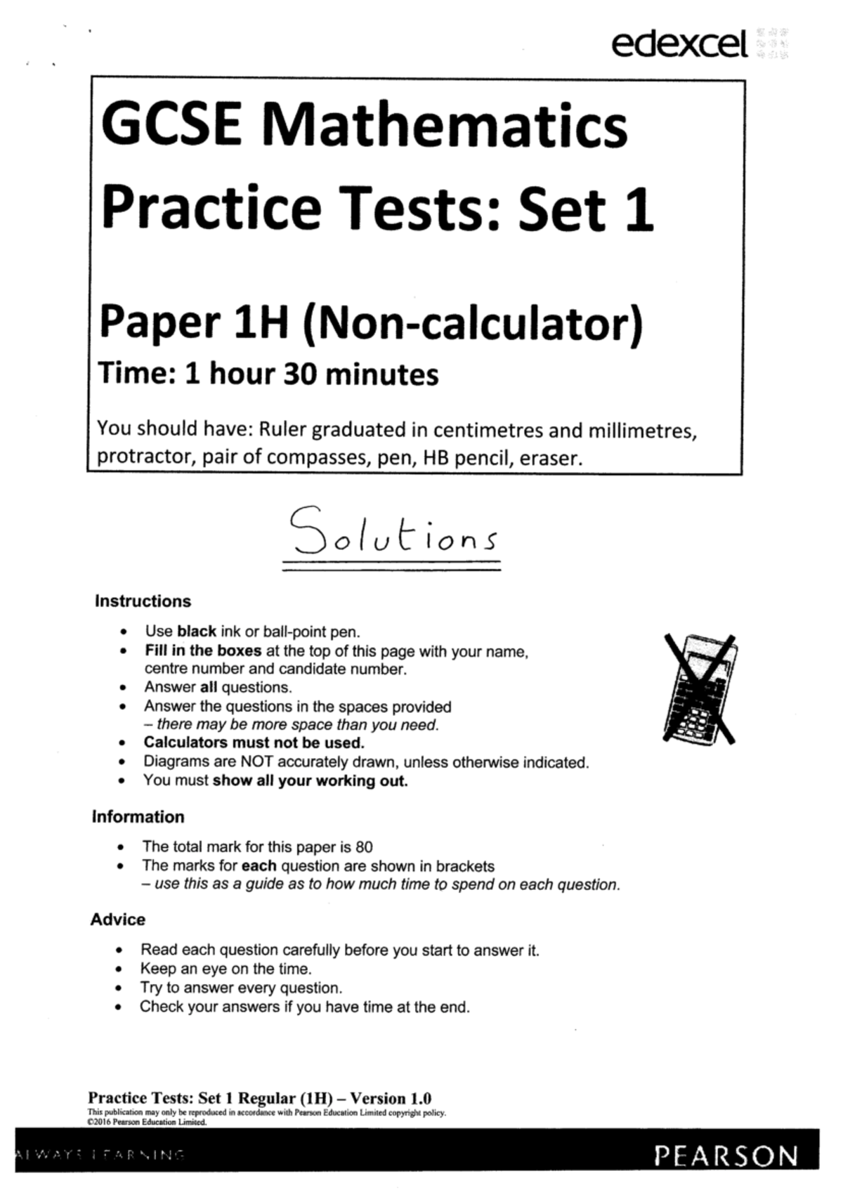 GCSE Mathematics Practice Tests: Set 1 Paper 1H Solutions - Studocu
