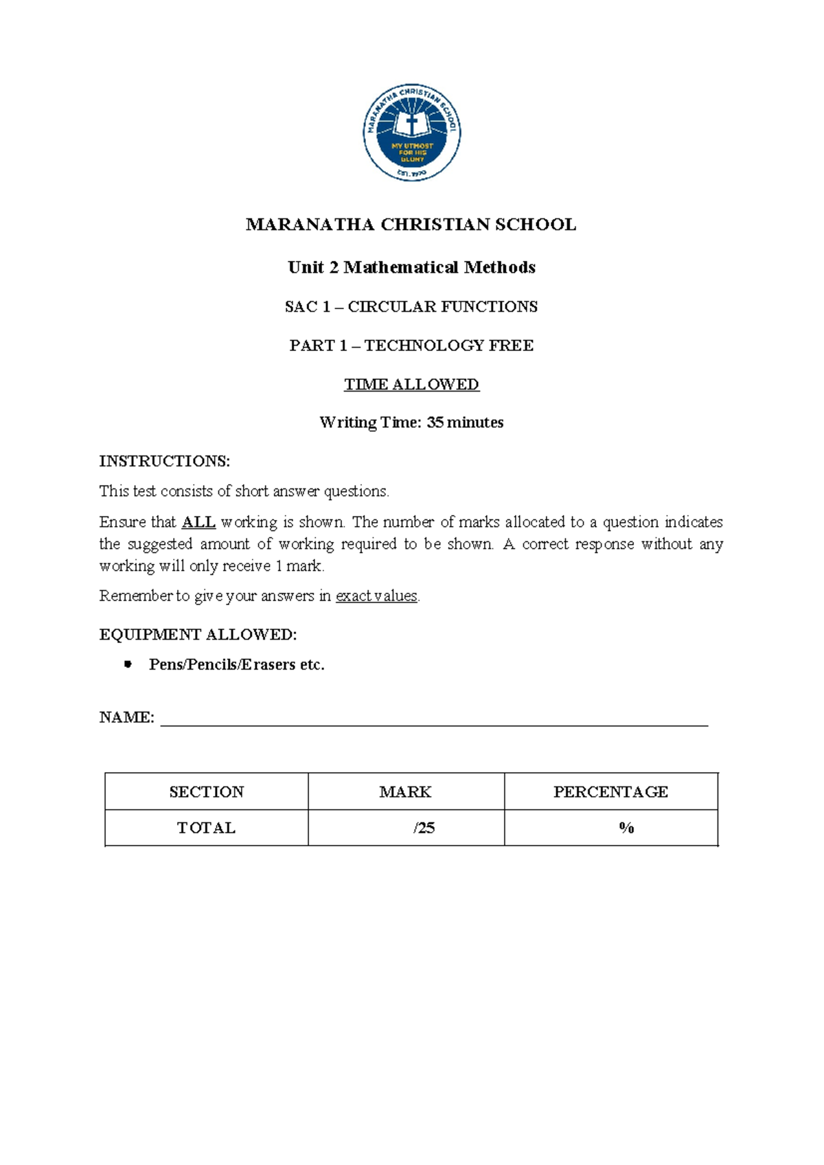 Unit 2 SAC 1: Circular Functions (2023) - Technology Free Test - Studocu