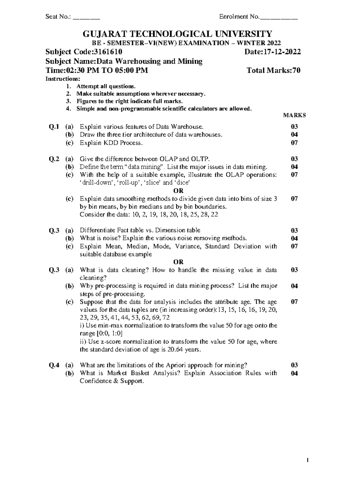 Data Warehousing & Mining Exam Notes - GUJARAT TECH UNI 3161610 - Studocu