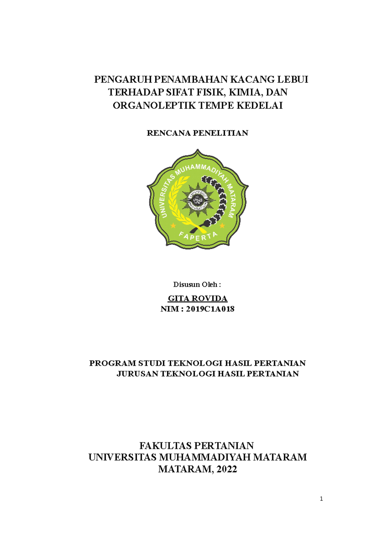 Pengaruh Kacang Lebui terhadap Sifat Tempe Kedelai: Rencana Penelitian ...