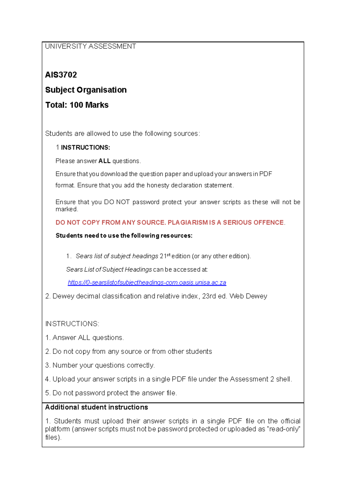 AIS3702 Assessment Instructions & Guidelines for Submission - Studocu