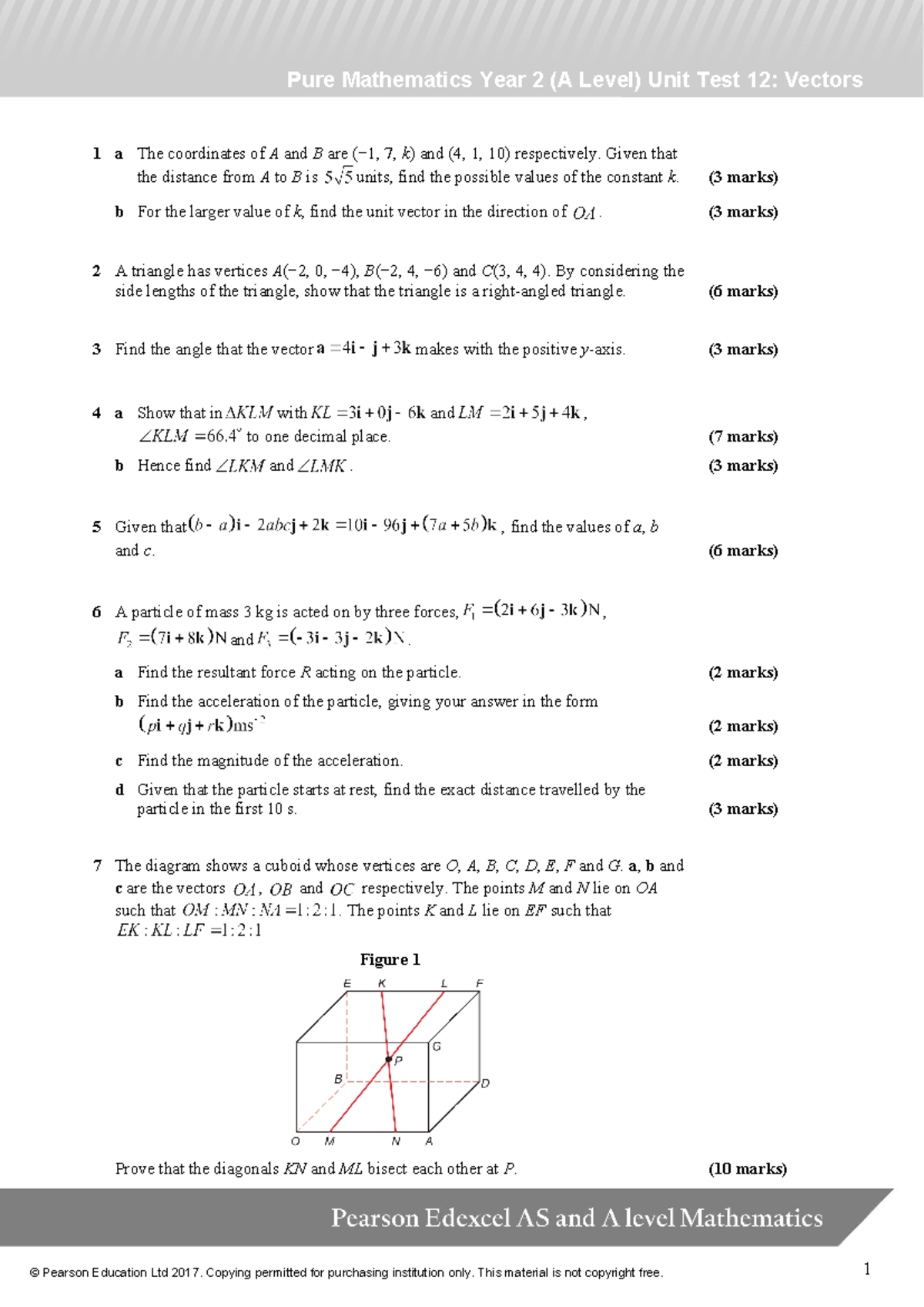 Pure Mathematics A Level Unit Test 12: Vectors Review Guide - Studocu