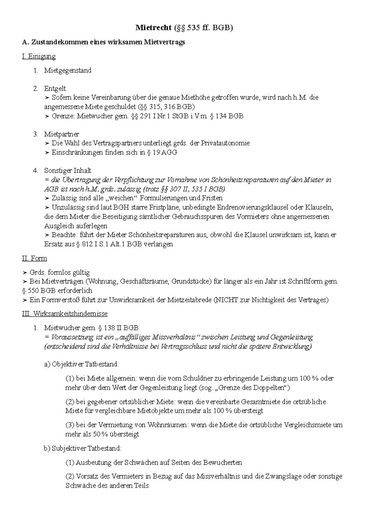 Mietrecht - Prüfungsschema und Definitionen für Mietverträge - Studocu
