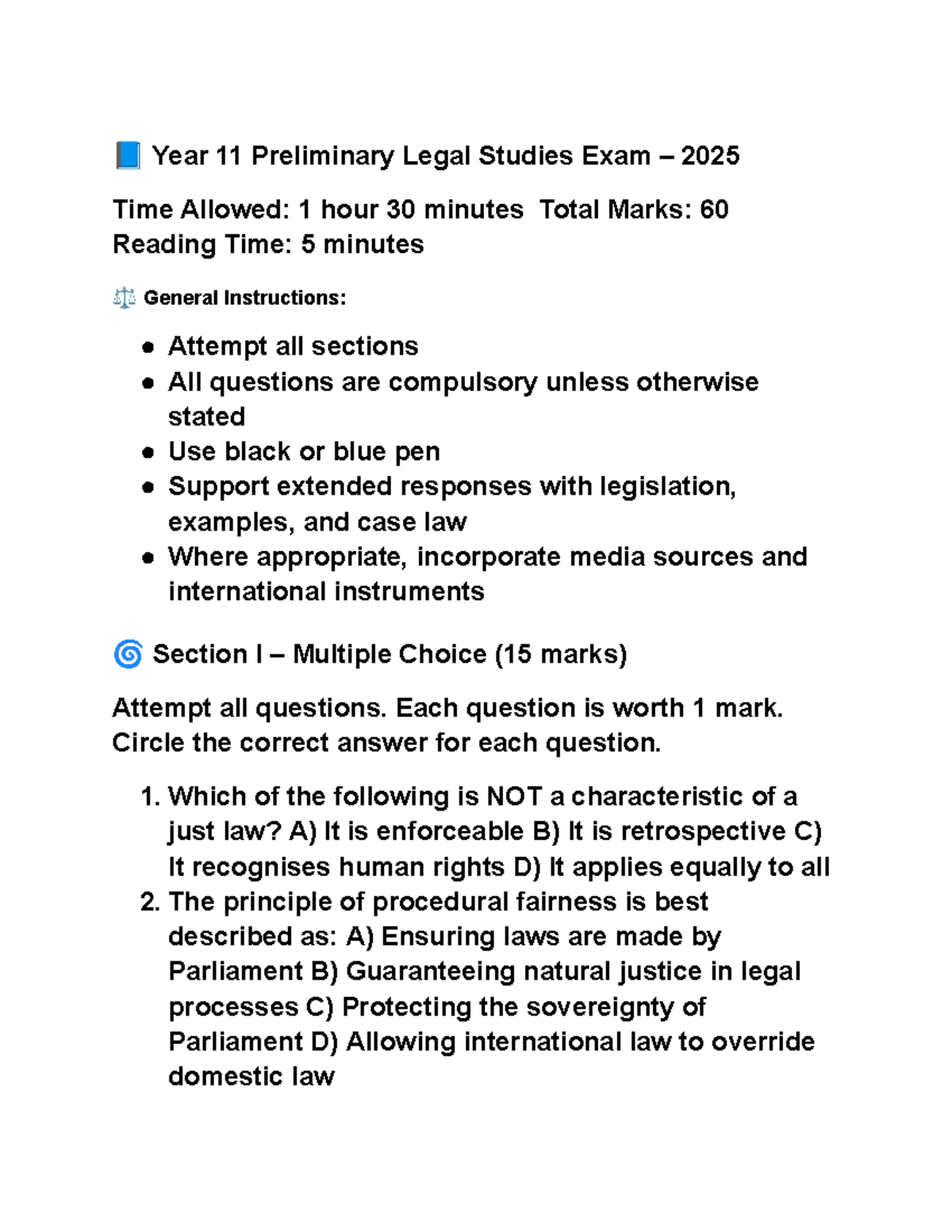 Year 11 Preliminary Legal Studies Exam Revision Guide 2025 - Studocu