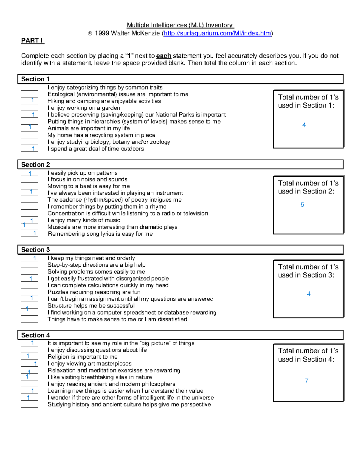 Multiple Intelligences Inventory - Multiple Intelligences (M ...