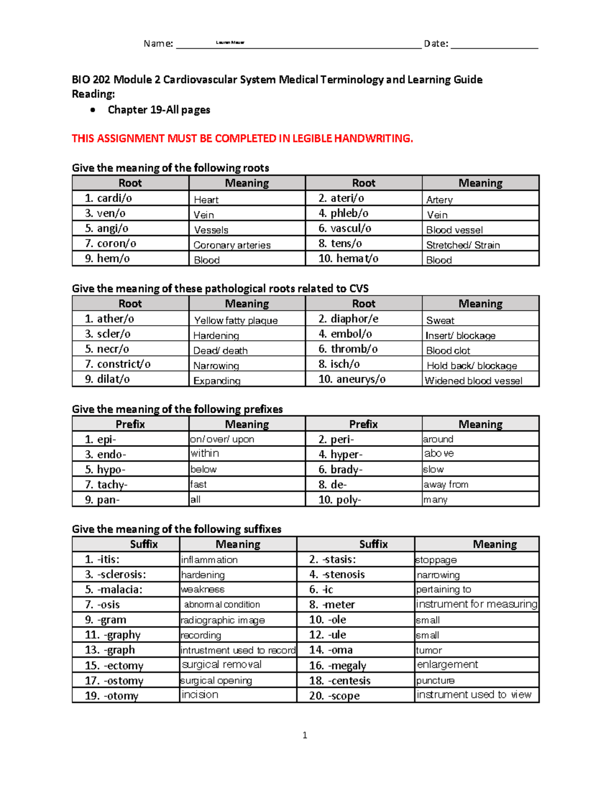 BIO 202 Module 2 - Cardiovascular System Medical Terminology Guide ...