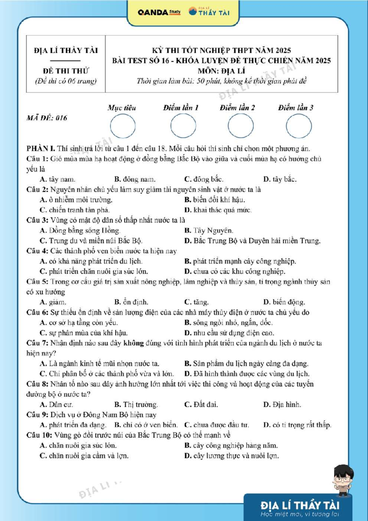 ĐỊA LÍ THẦY TÀI - BÀI TEST SỐ 16 - KHÓA LUYỆN ĐỀ THỰC CHIẾN 2025 - Studocu