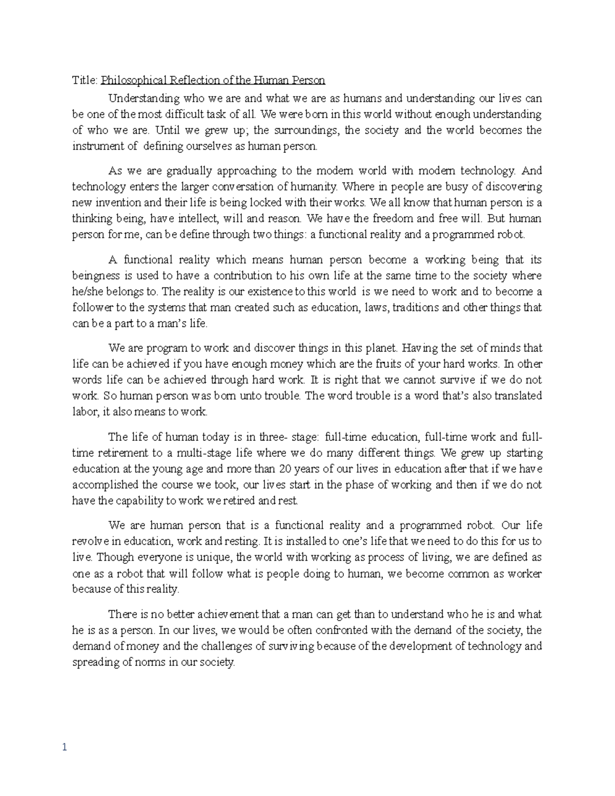 Philosophical reflection of the human person - Title: Philosophical ...