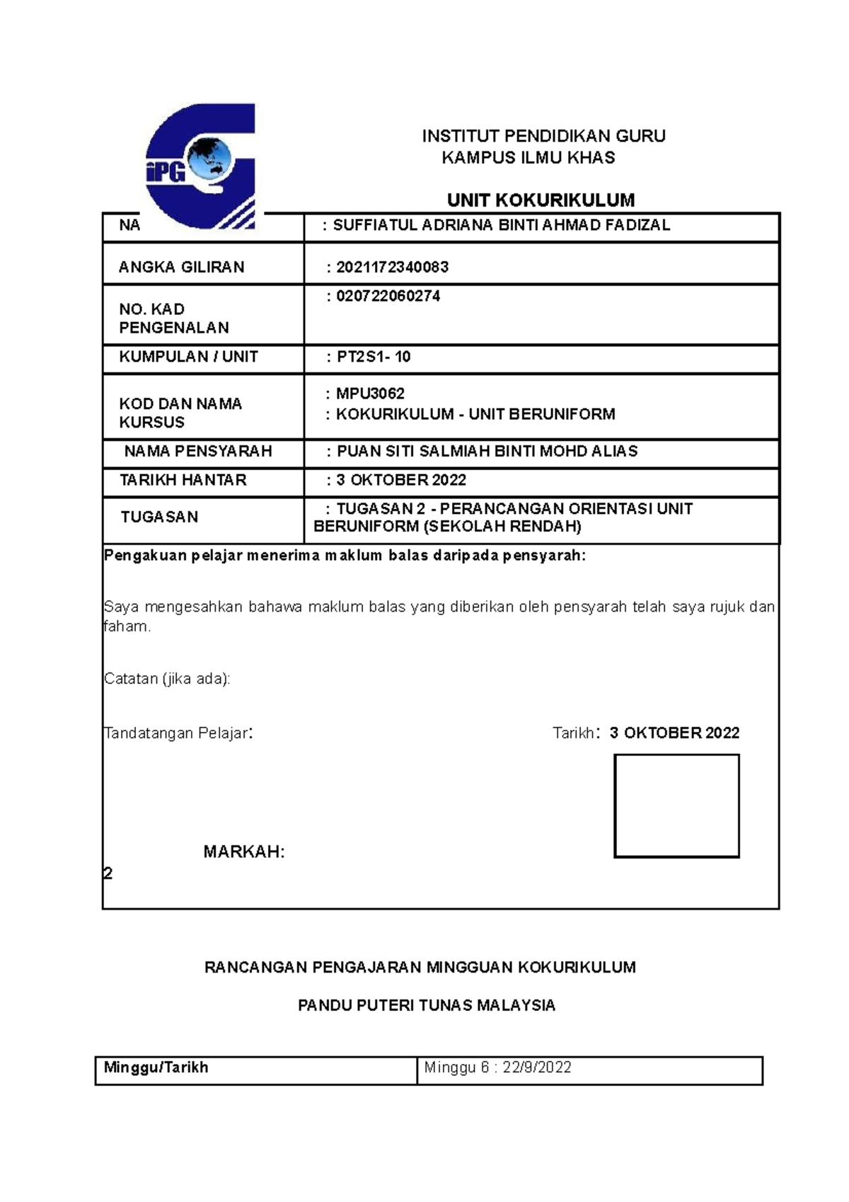 RPH Unit Kokurikulum - Pengajaran Ikatan dan Simpulan (MPU) - Studocu