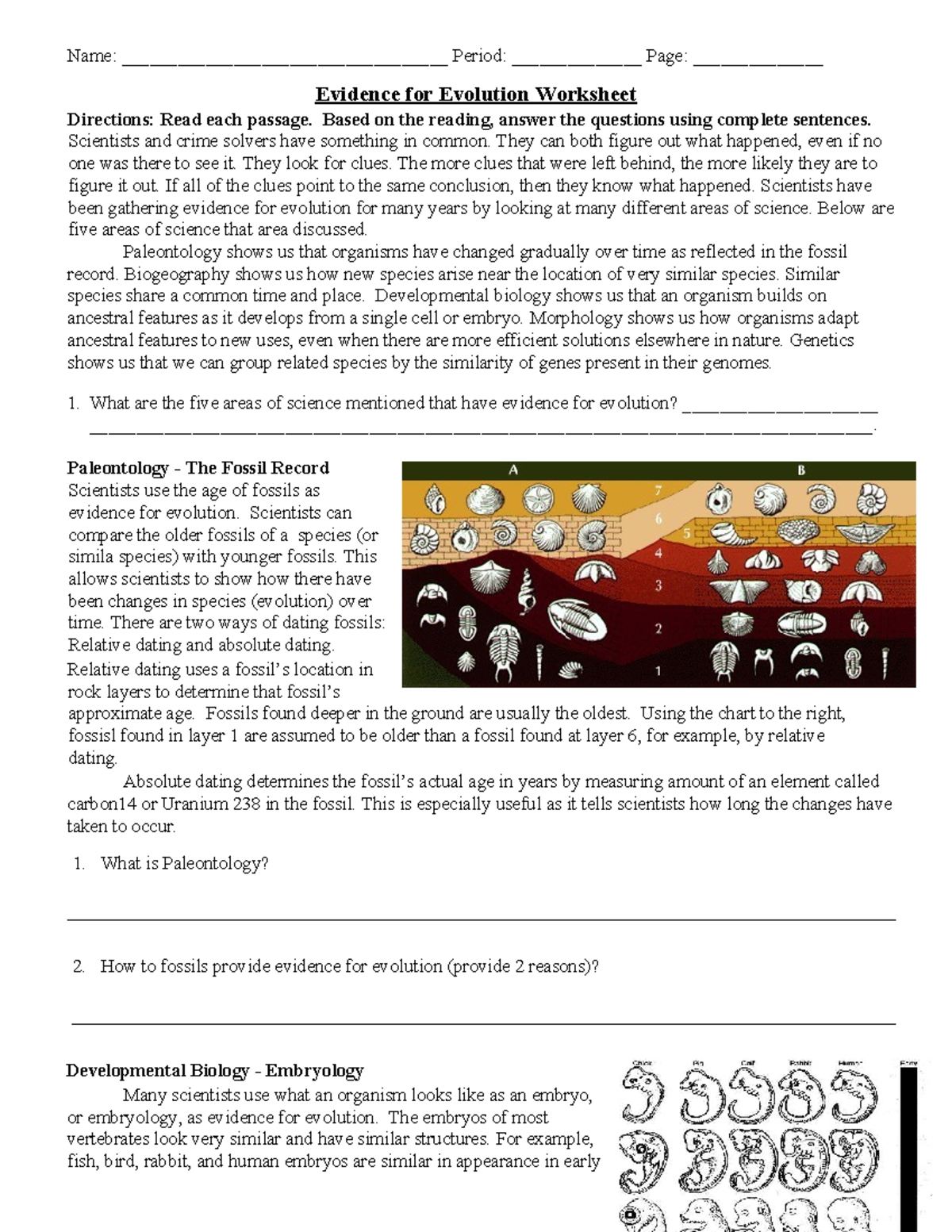 Evidence for Evolution Worksheet: Key Concepts and Questions - Studocu