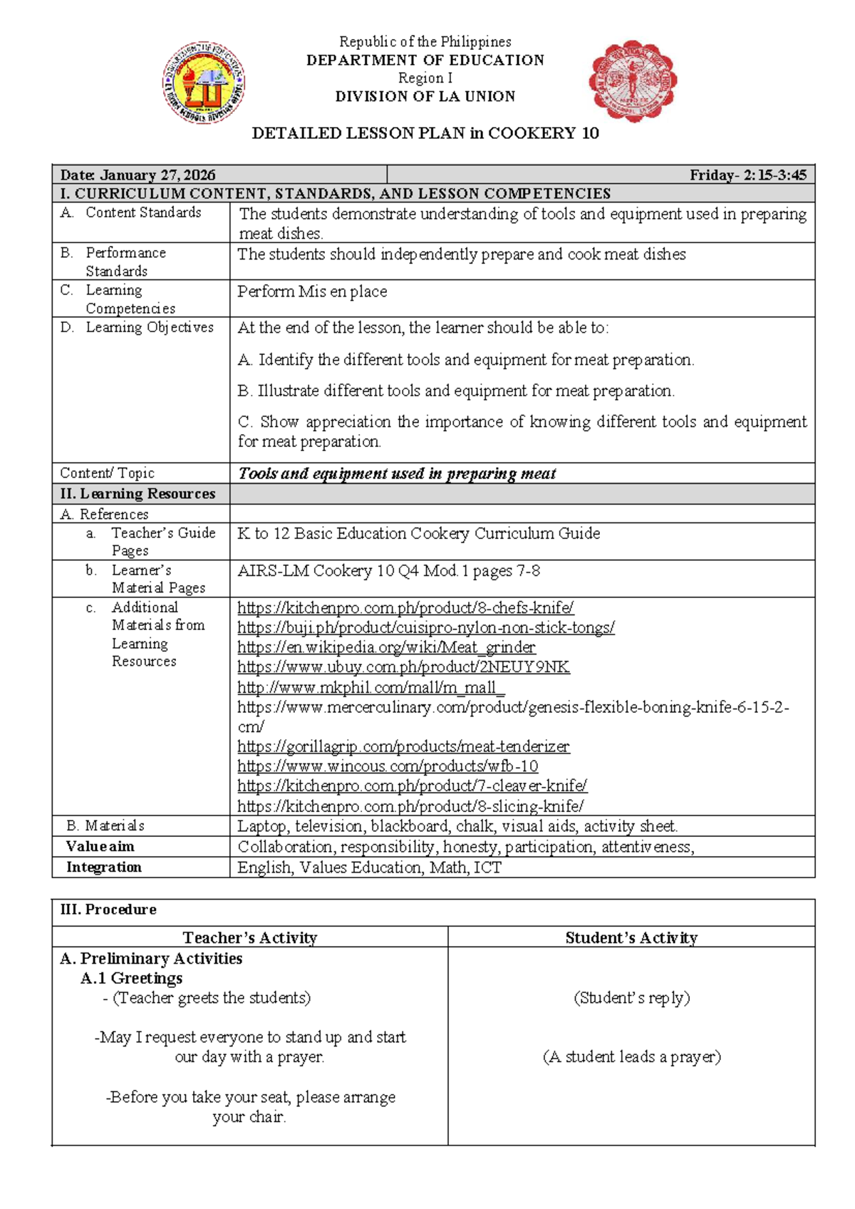 Detailed Lesson Plan in Cookery 10: Tools & Equipment for Meat ...