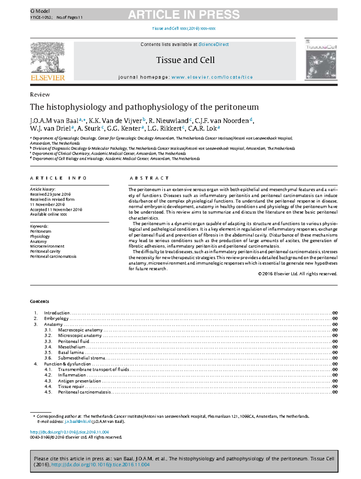 Histophysiology and Pathophysiology of the Peritoneum: A Review (Tissue ...
