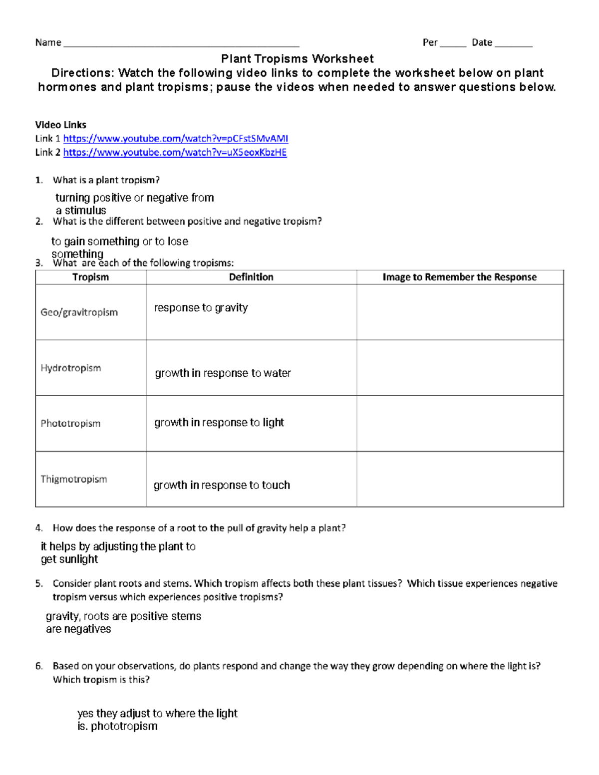 Plant Tropisms Worksheet - turning positive or negative from a stimulus ...